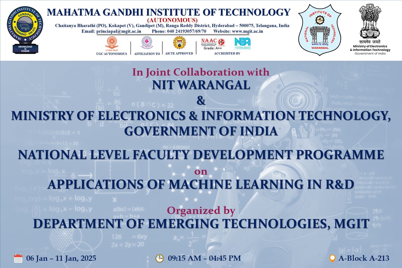 NATIONAL LEVEL FACULTY DEVELOPMENT PROGRAMME on APPLICATIONS OF MACHINE LEARNING IN R & D - MGIT