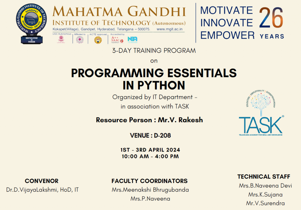 A Training program on “ PROGRAMMING ESSENTIALS IN PYTHON.“ - MGIT